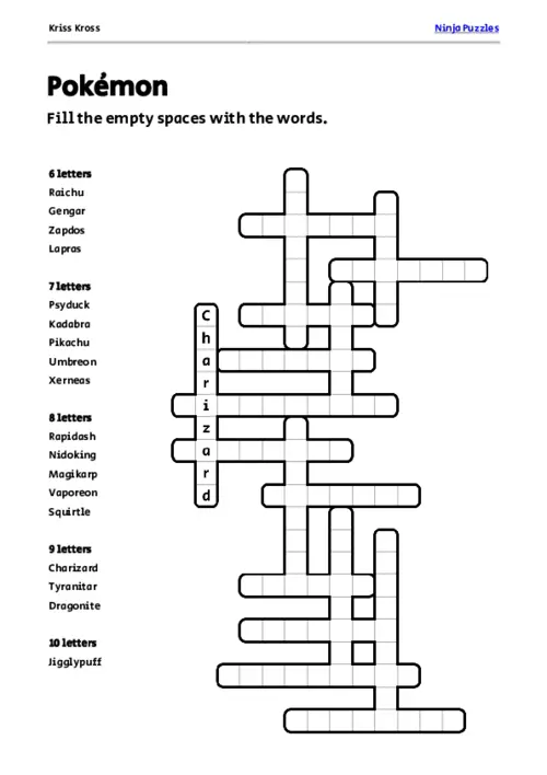 Free Pokémon Kriss-Kross Puzzle - Free Printable PDF