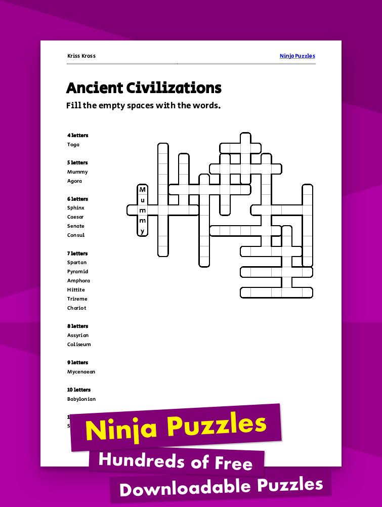 Free Ancient Civilizations Kriss-Kross Puzzle - Free Printable PDF