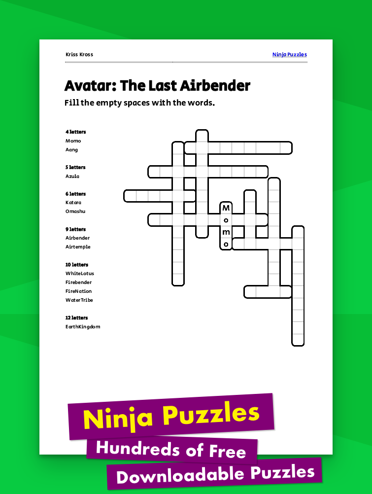 Free Avatar: The Last Airbender Kriss-Kross Puzzle - Free Printable PDF