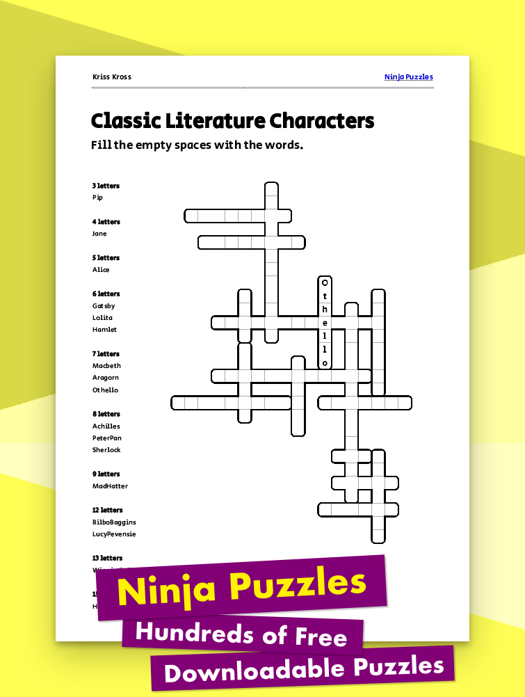 Free Classic Literature Characters Kriss-Kross Puzzle - Free Printable PDF