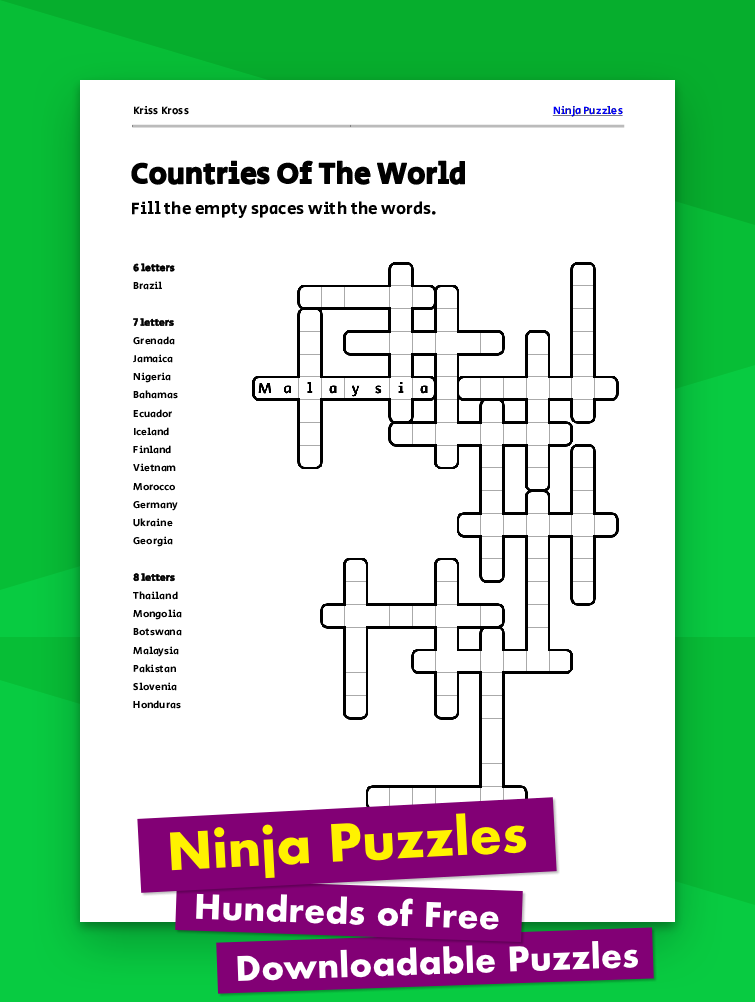 Free Countries Of The World Kriss-Kross Puzzle - Free Printable PDF