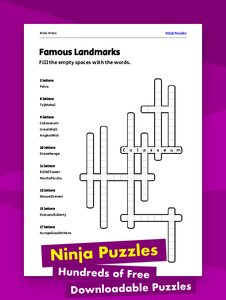 Free Famous Landmarks Kriss-Kross Puzzle - Free Printable PDF