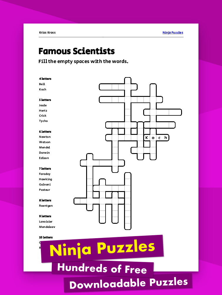 Free Famous Scientists Kriss-Kross Puzzle - Free Printable PDF