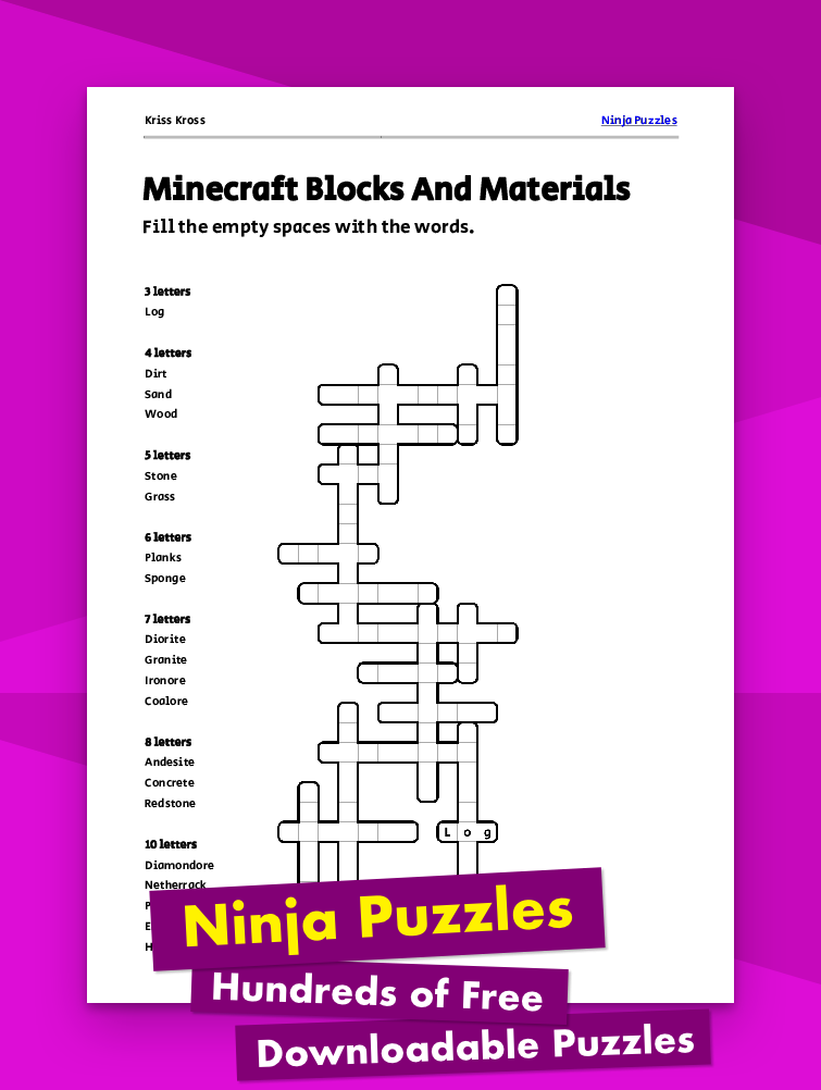 Free Minecraft Blocks And Materials Kriss-Kross Puzzle - Free Printable PDF