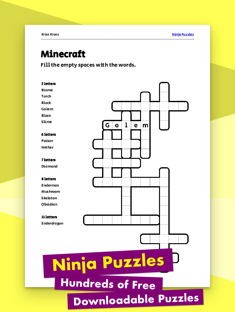 Free Minecraft Kriss-Kross Puzzle - Free Printable PDF