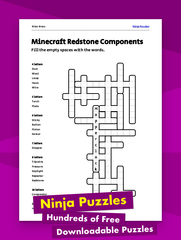 Free Minecraft Redstone Components Kriss-Kross Puzzle - Free Printable PDF