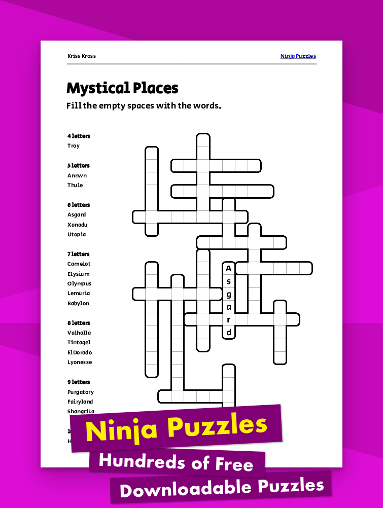 Free Mystical Places Kriss-Kross Puzzle - Free Printable PDF
