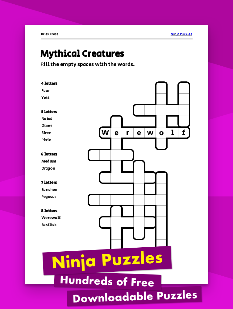 Free Mythical Creatures Kriss-Kross Puzzle - Free Printable PDF