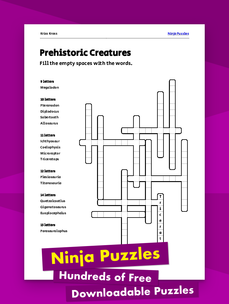 Free Prehistoric Creatures Kriss-Kross Puzzle - Free Printable PDF