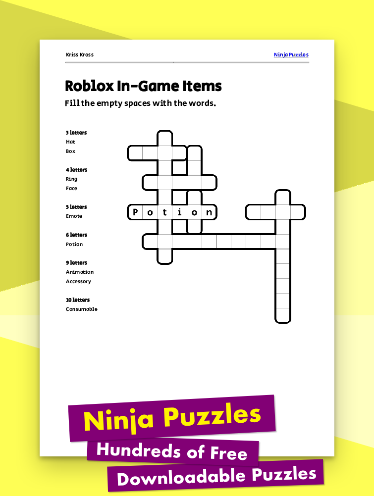 Free Roblox In-Game Items Kriss-Kross Puzzle - Free Printable PDF