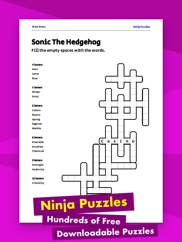Free Sonic The Hedgehog Kriss-Kross Puzzle - Free Printable PDF