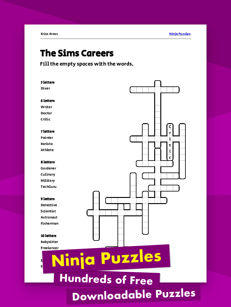 Free The Sims Careers Kriss-Kross Puzzle - Free Printable PDF