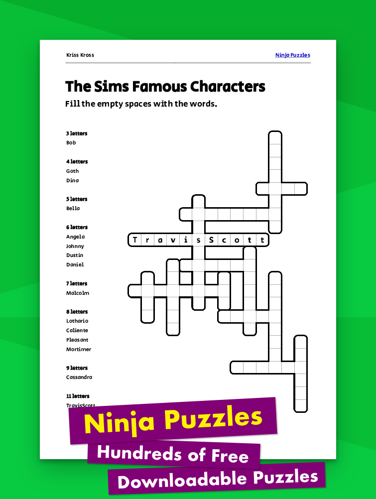Free The Sims Famous Characters Kriss-Kross Puzzle - Free Printable PDF