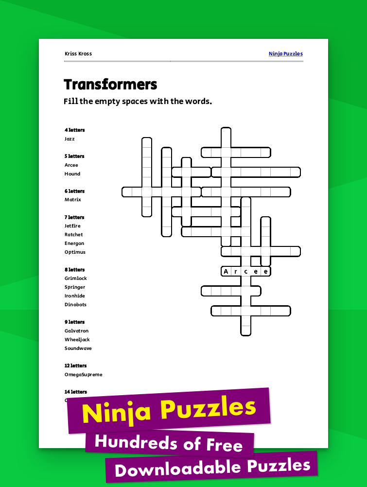 Free Transformers Kriss-Kross Puzzle - Free Printable PDF