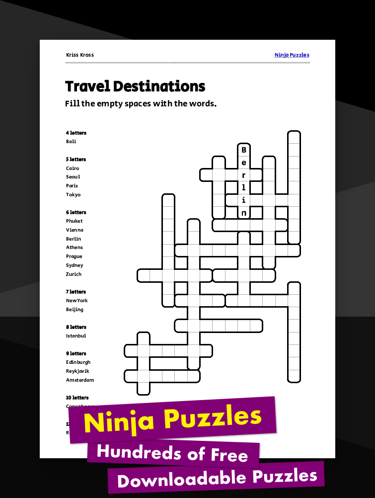 Free Travel Destinations Kriss-Kross Puzzle - Free Printable PDF