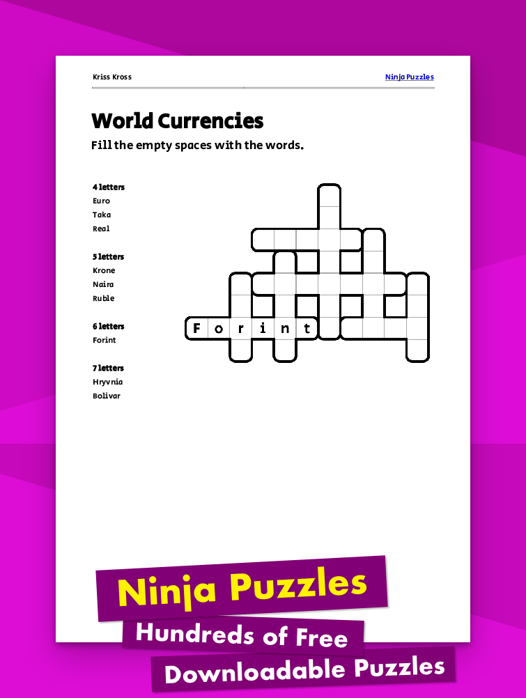 Free World Currencies Kriss-Kross Puzzle - Free Printable PDF