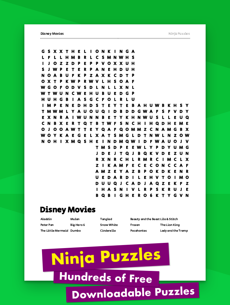 Free Printable Disney Movies themed Word Search Puzzle - Free Printable PDF