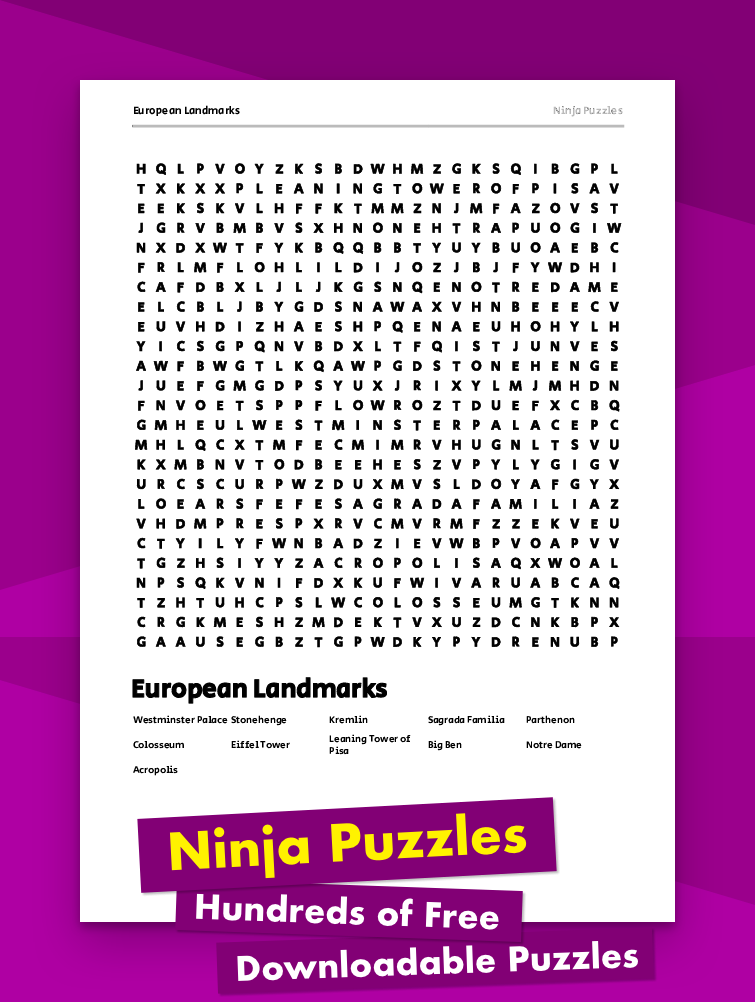 Free Printable European Landmarks themed Word Search Puzzle - Free ...
