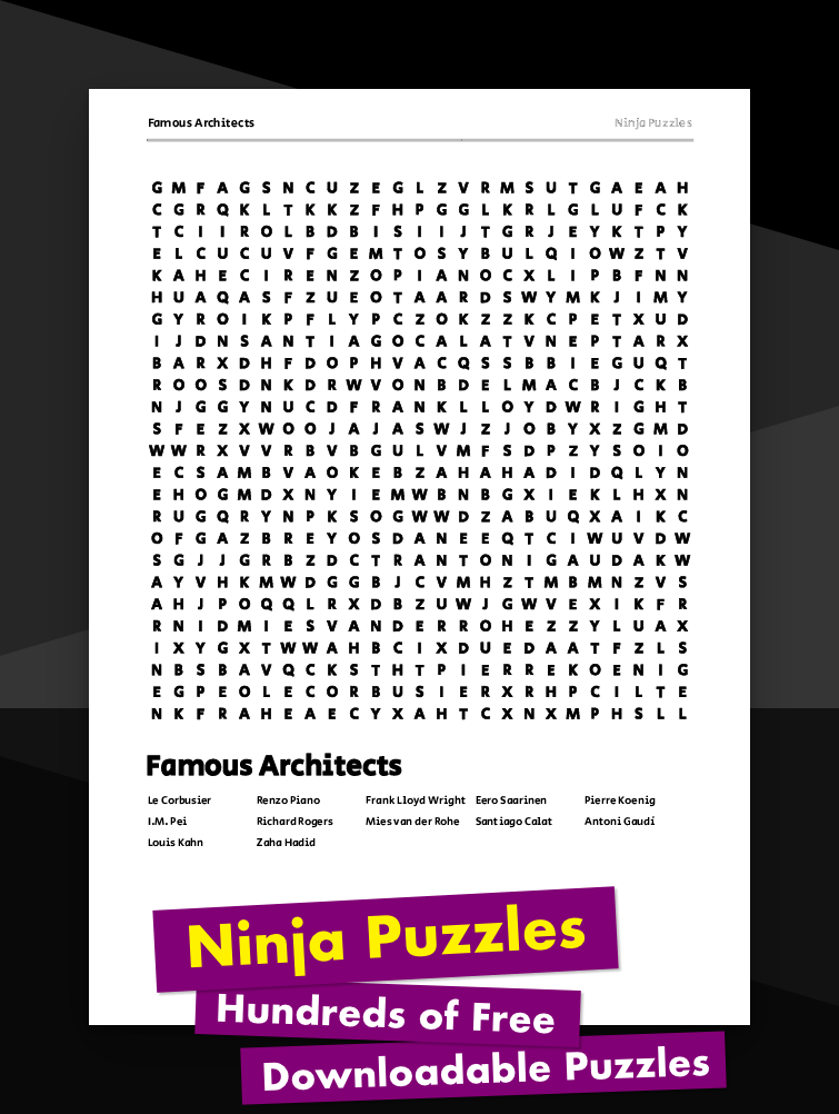 Free Printable Famous Architects themed Word Search Puzzle - Free ...