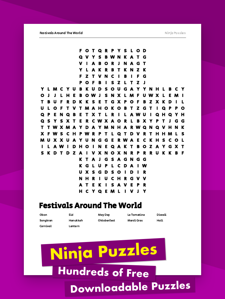 Free Printable Festivals Around The World themed Word Search Puzzle ...