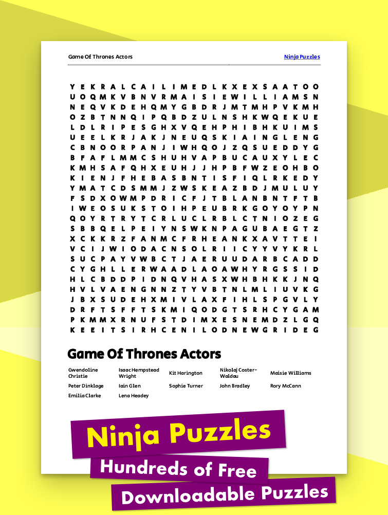 Free Printable Game Of Thrones Actors themed Word Search Puzzle - Free ...