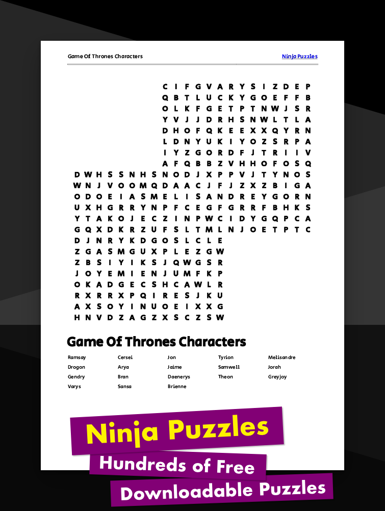 Free Printable Game Of Thrones Characters themed Word Search Puzzle ...