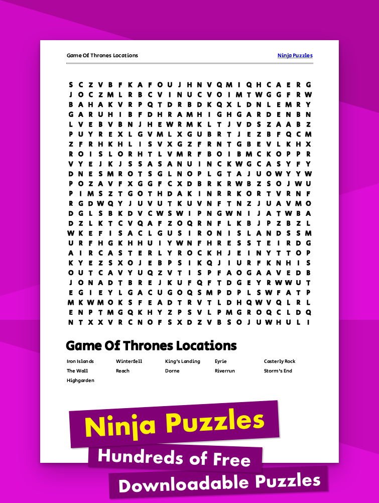 Free Printable Game Of Thrones Locations themed Word Search Puzzle ...