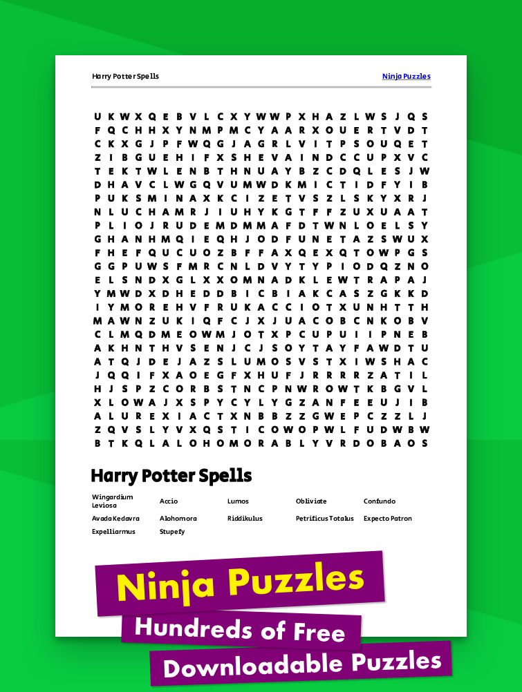 Free Printable Harry Potter Spells themed Word Search Puzzle - Free ...