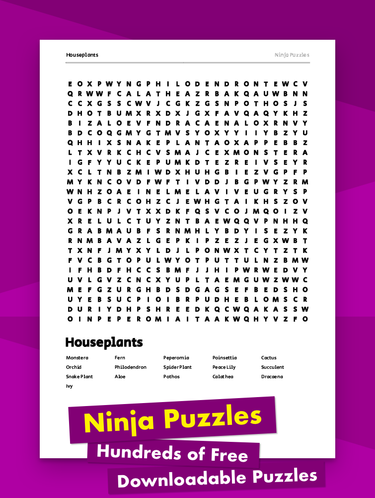 Free Printable Houseplants themed Word Search Puzzle - Free Printable PDF