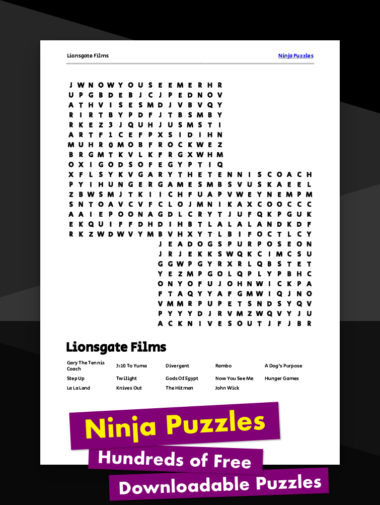 Free Printable Lionsgate Films themed Word Search Puzzle - Free ...