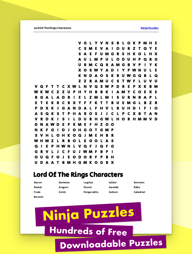 Free Printable Lord Of The Rings Characters themed Word Search Puzzle ...