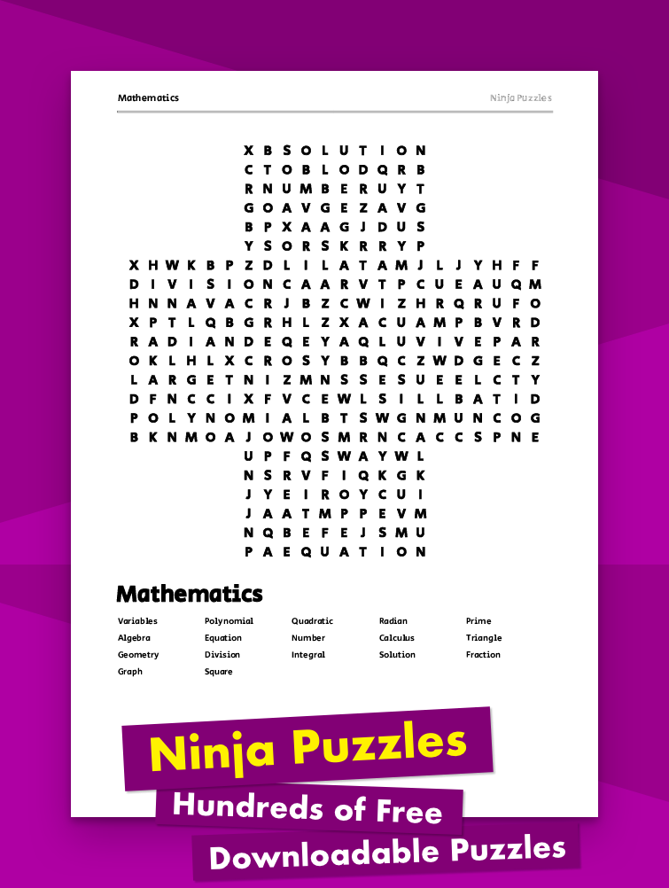 Free Printable Mathematics themed Word Search Puzzle - Free Printable PDF