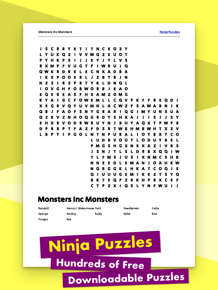 Free Printable Monsters Inc Monsters themed Word Search Puzzle - Free ...