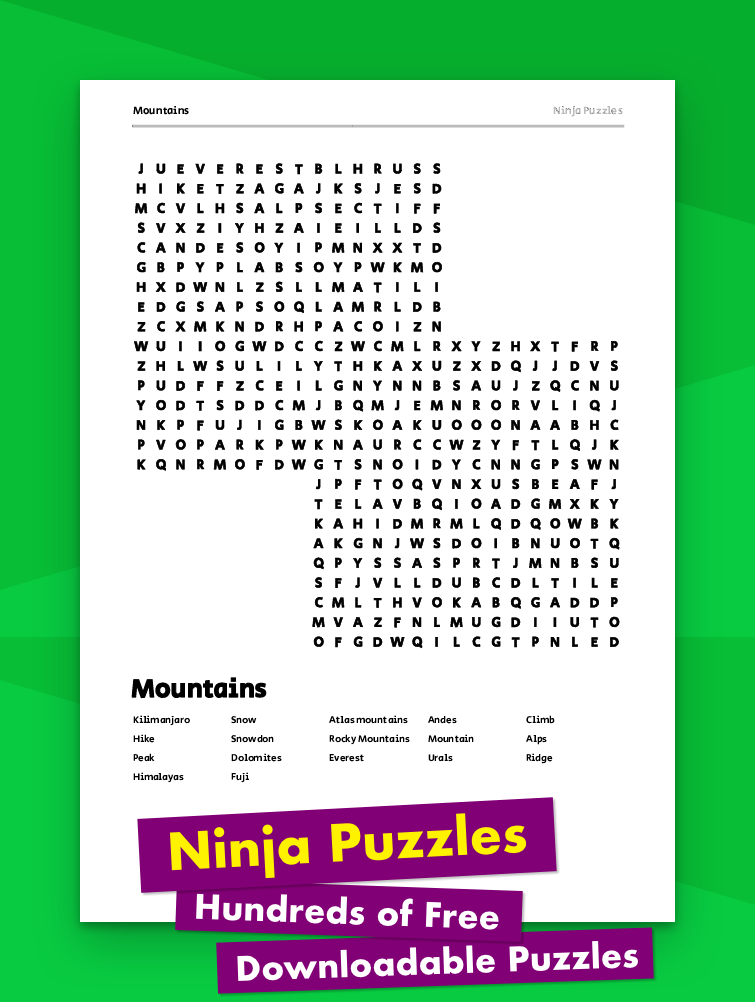 Free Printable Mountains themed Word Search Puzzle - Free Printable PDF