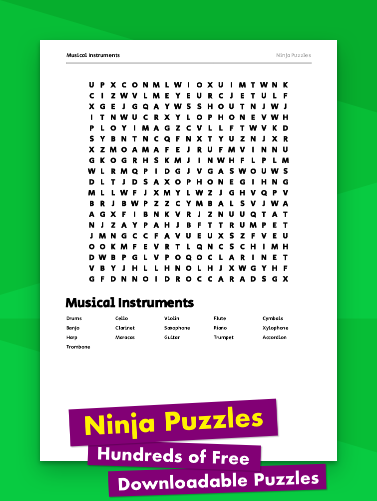 Free Printable Musical Instruments themed Word Search Puzzle - Free ...