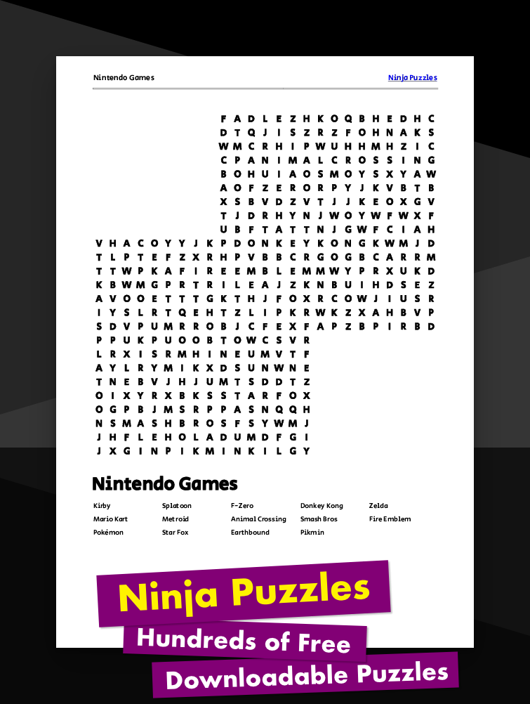 Free Printable Nintendo Games themed Word Search Puzzle - Free ...