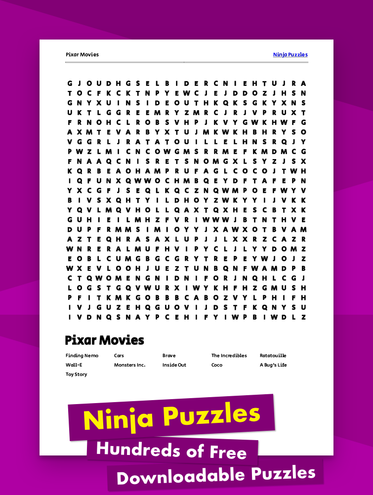 Free Printable Pixar Movies themed Word Search Puzzle - Free Printable PDF