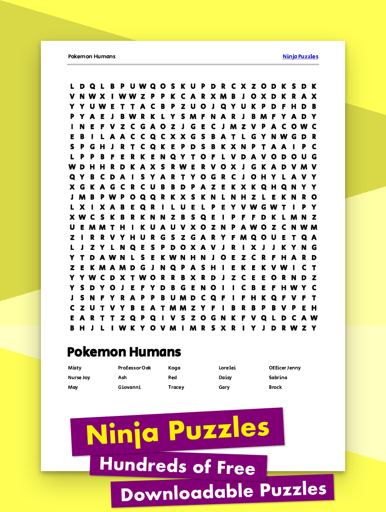 Free Printable Pokemon Humans themed Word Search Puzzle - Free ...