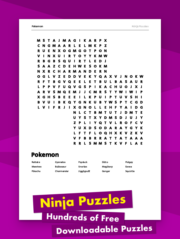 Free Printable Pokemon themed Word Search Puzzle - Free Printable PDF