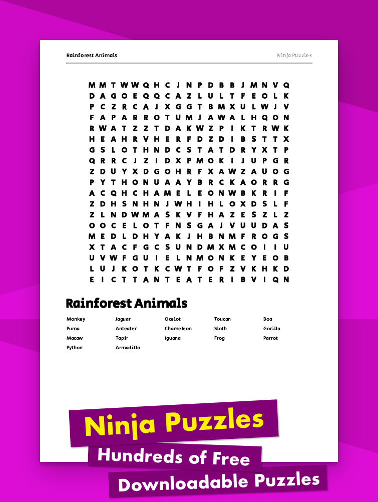 Free Printable Rainforest Animals themed Word Search Puzzle - Free ...