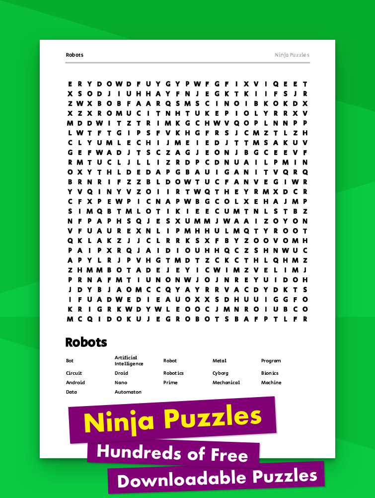 Free Printable Robots themed Word Search Puzzle - Free Printable PDF