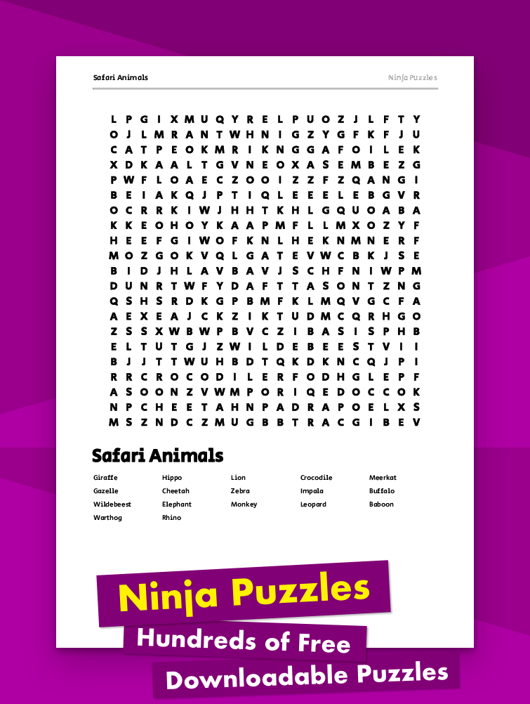 Free Printable Safari Animals themed Word Search Puzzle - Free ...