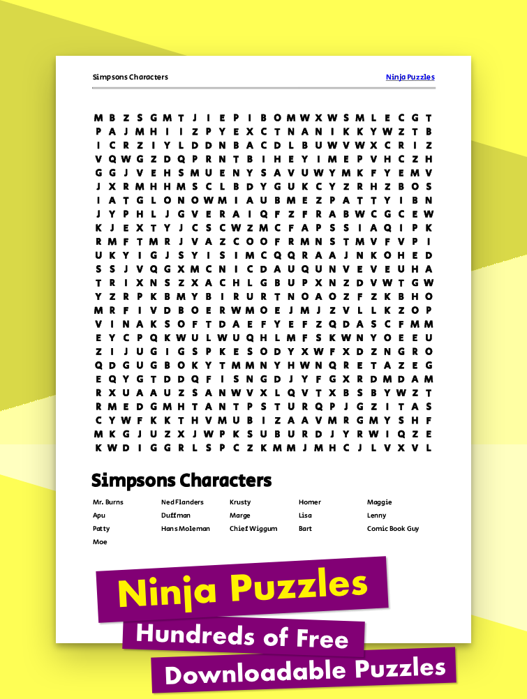 Free Printable Simpsons Characters themed Word Search Puzzle - Free ...