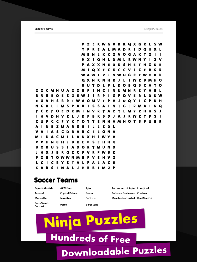 Free Printable Soccer Teams themed Word Search Puzzle - Free Printable PDF