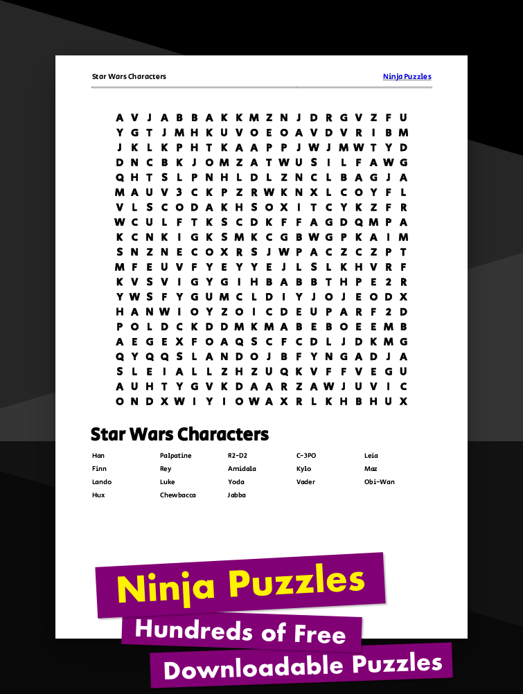 Free Printable Star Wars Characters themed Word Search Puzzle - Free ...