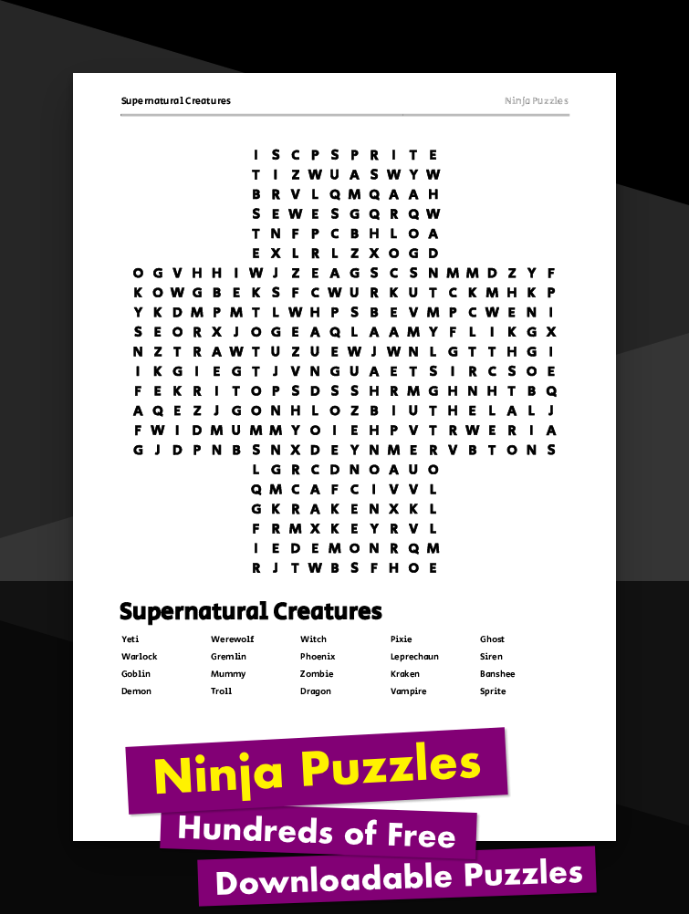 Free Printable Supernatural Creatures themed Word Search Puzzle - Free ...