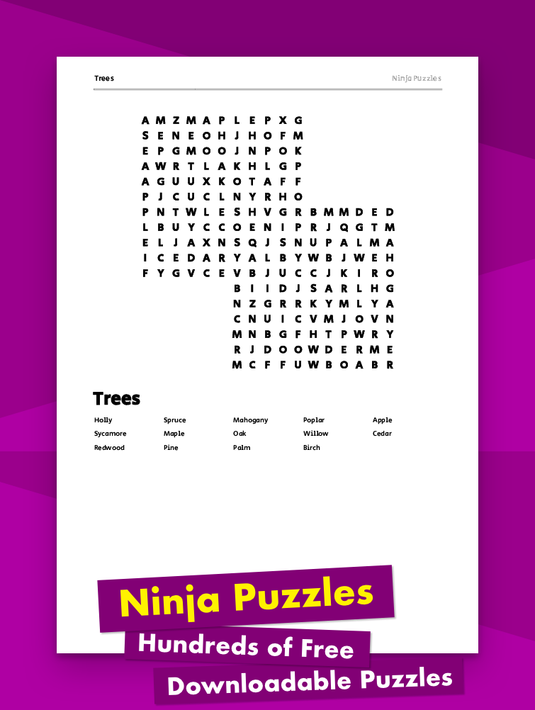 Free Printable Trees themed Word Search Puzzle - Free Printable PDF