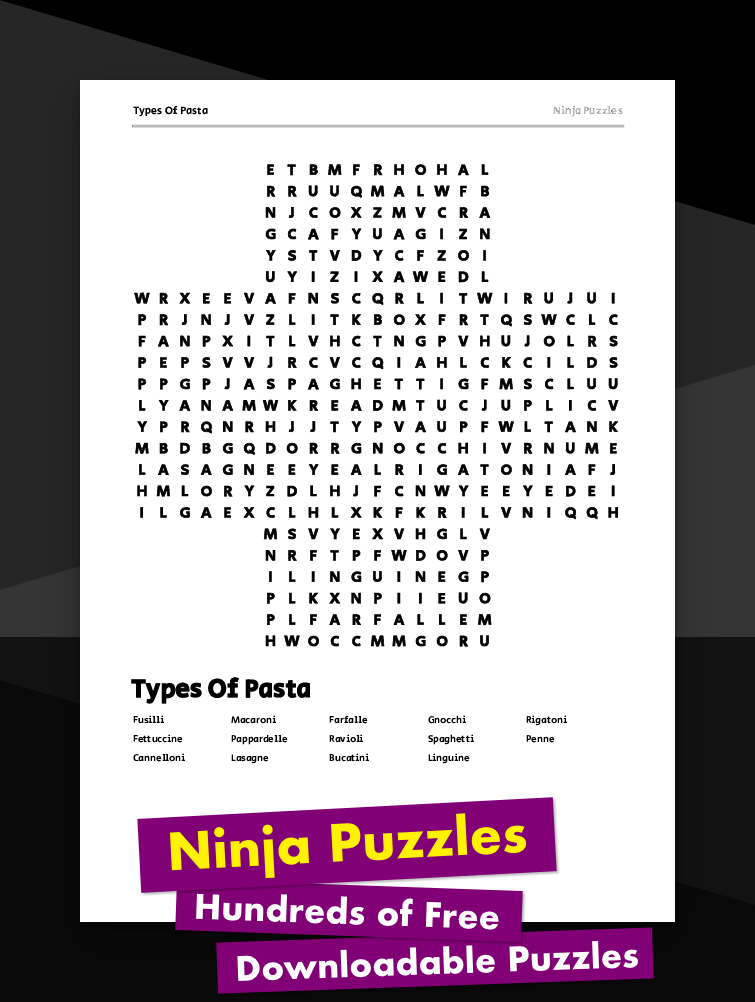 Free Printable Types Of Pasta themed Word Search Puzzle - Free ...