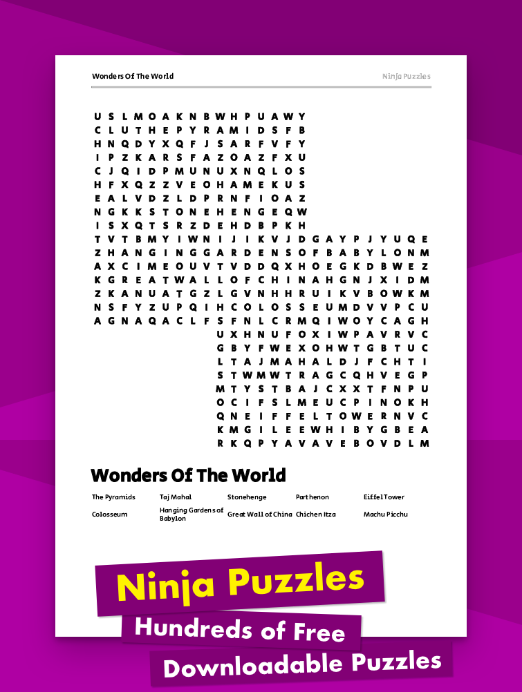 Free Printable Wonders Of The World themed Word Search Puzzle - Free ...