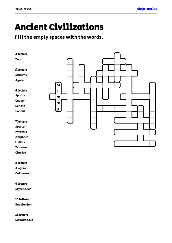 Free Ancient Civilizations Kriss-Kross Puzzle - Free Printable PDF